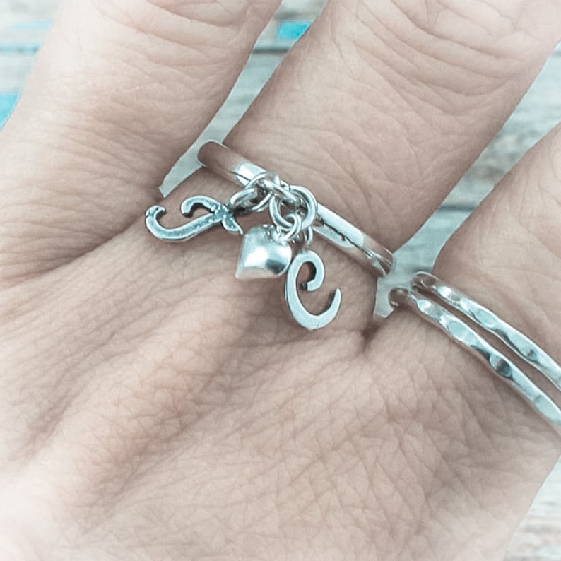 Initial Charm Ring. Sterling Silver Initial Ring. Dangle Ring. - Etsy