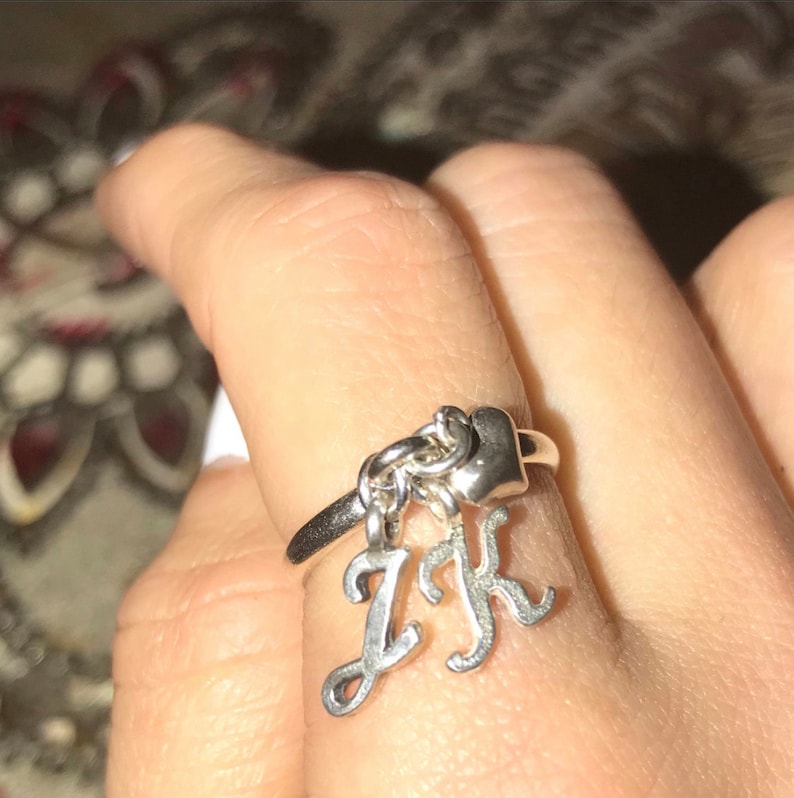 Initial Charm Ring. Sterling Silver Initial Ring. Dangle Ring. - Etsy