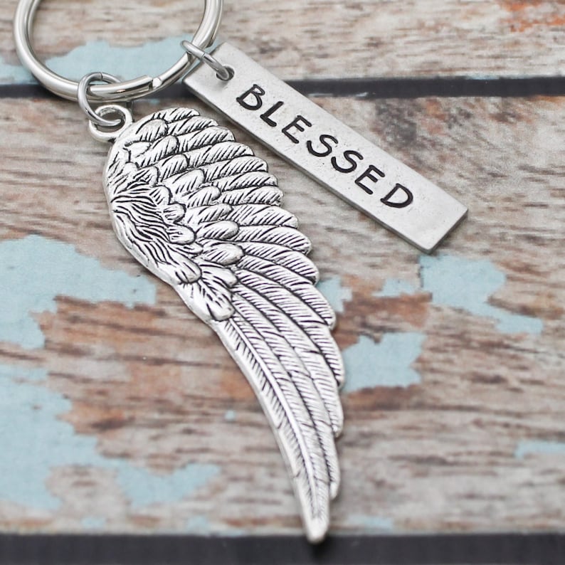 Blessed Angel Wing Keychain Personalized Hand Stamped - Etsy
