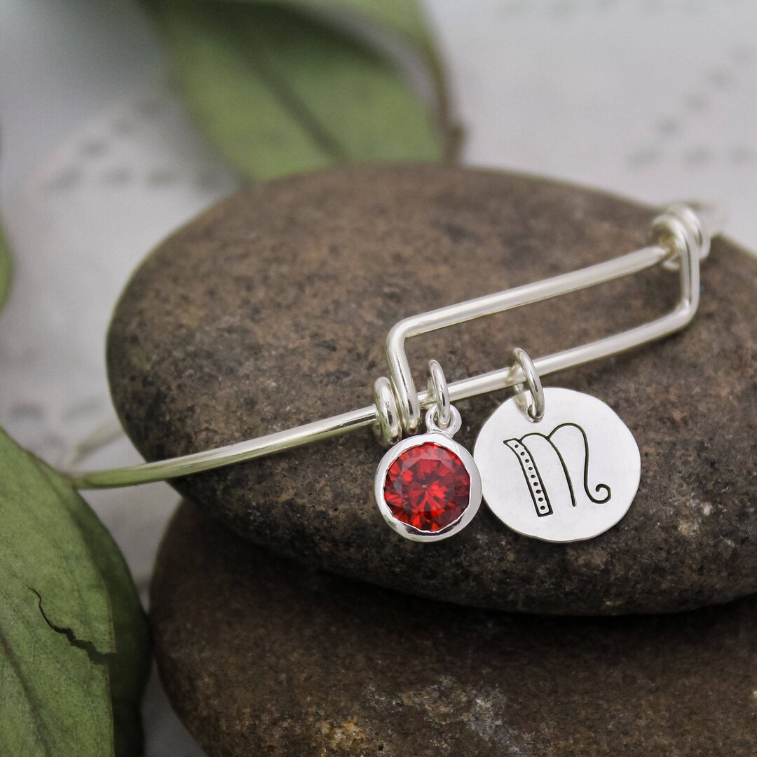 January Initial Birthstone Bangle, Garnet Jewelry, Birthday Gift ...
