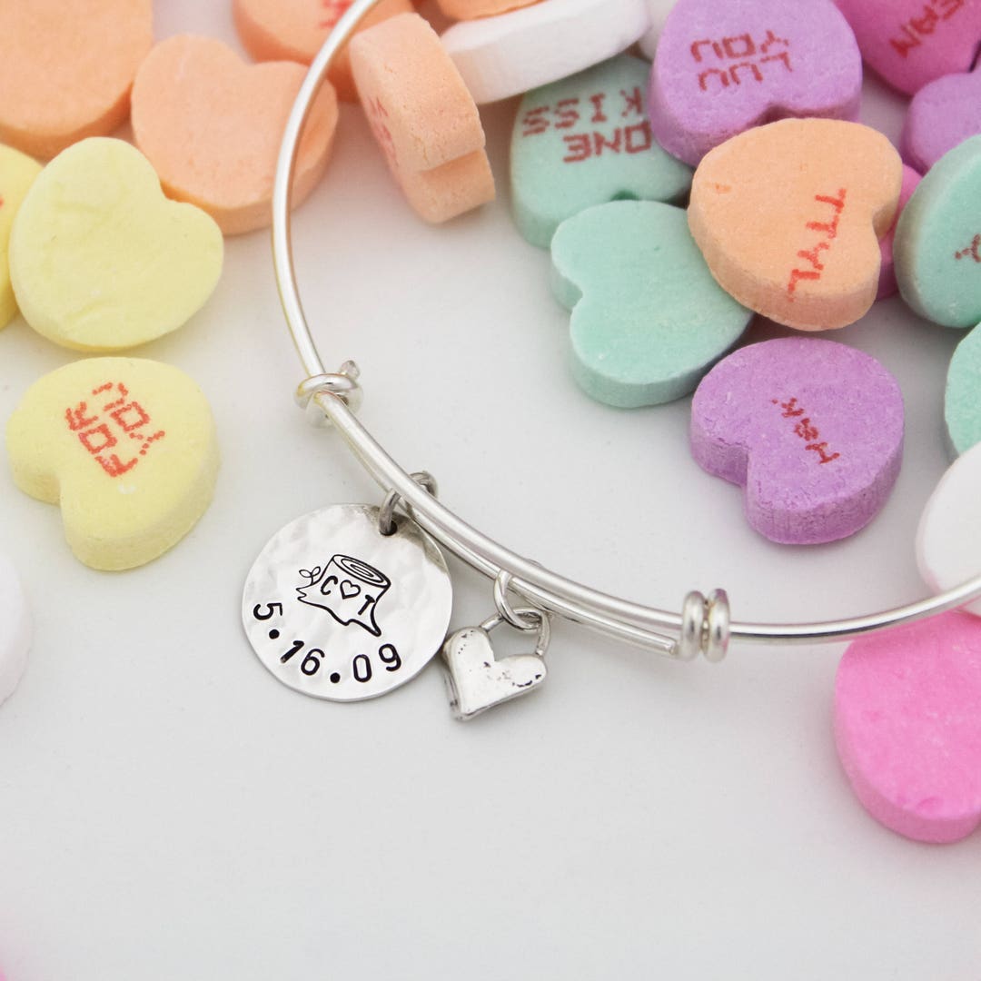Valentine's Day Gift Bracelet, Engagement Gift Bangle, Initials & Date ...