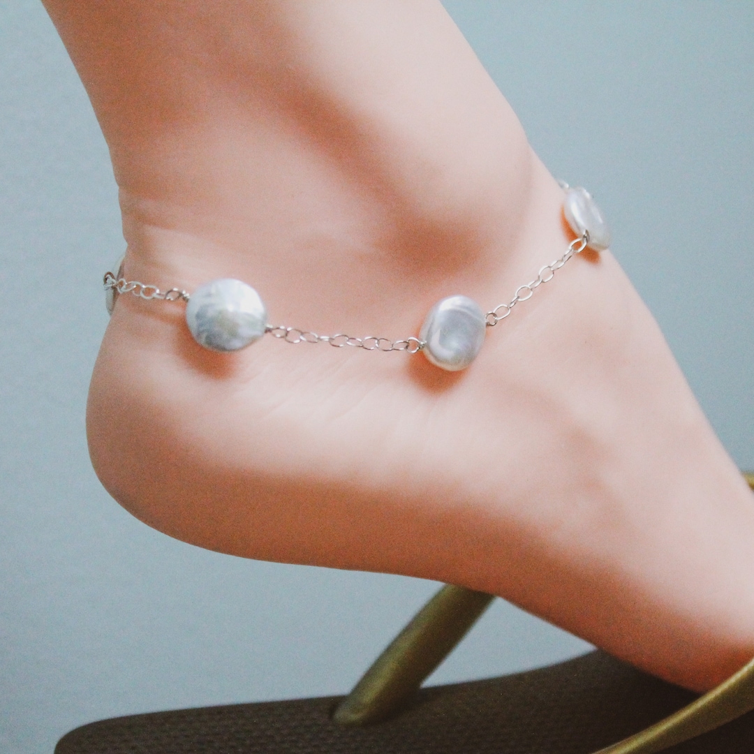 Delicate and Classic Sterling Silver Anklet With Freshwater White Coin ...