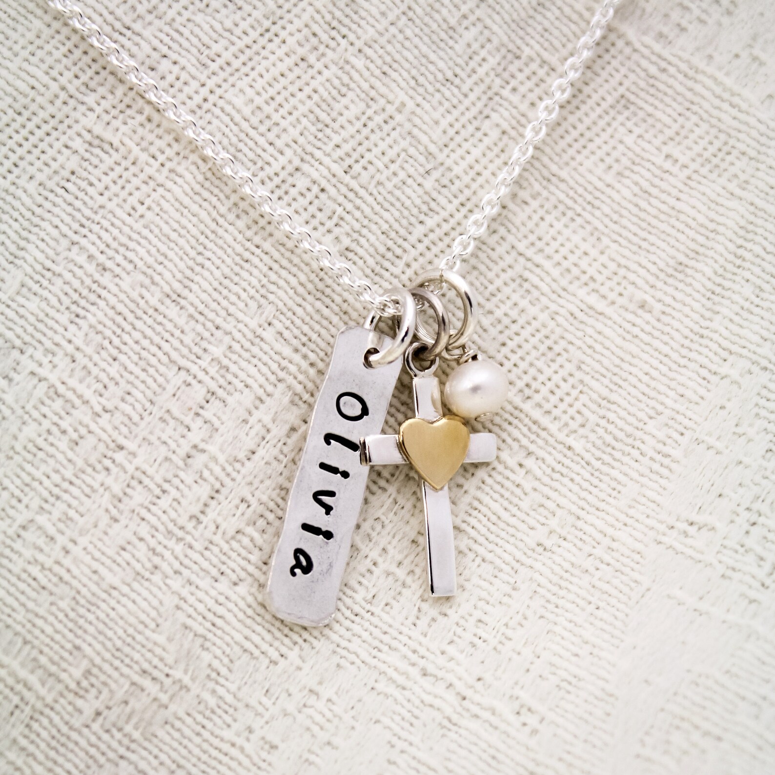 Personalized Cross Charm Necklace in Silver & Bronze | Etsy