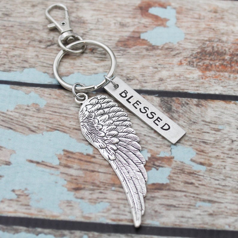 Blessed Angel Wing Keychain Personalized Hand Stamped - Etsy