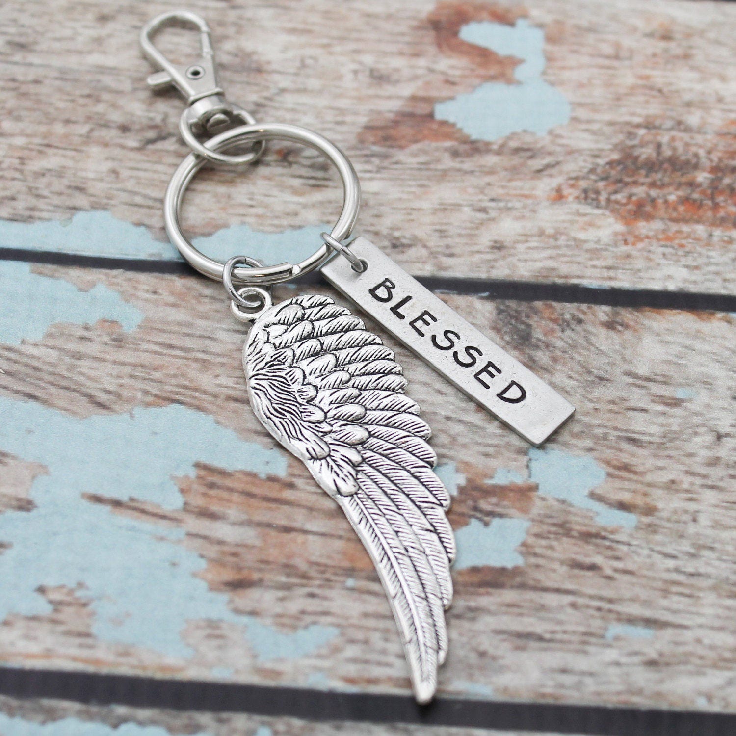 Blessed Angel Wing Keychain Personalized Hand Stamped - Etsy