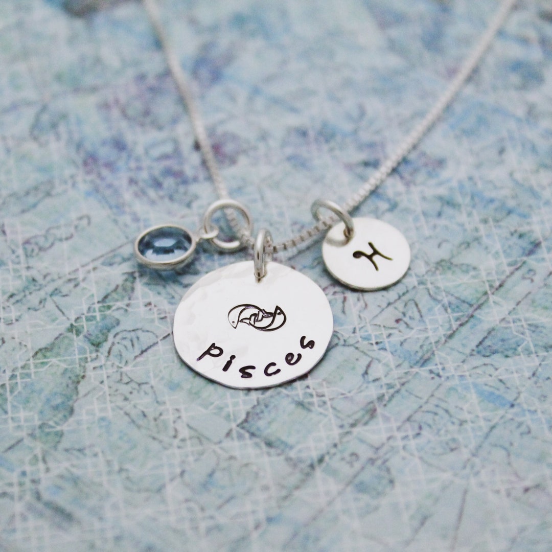 Sterling Silver Pisces Zodiac Necklace: Hand Stamped Initial ...