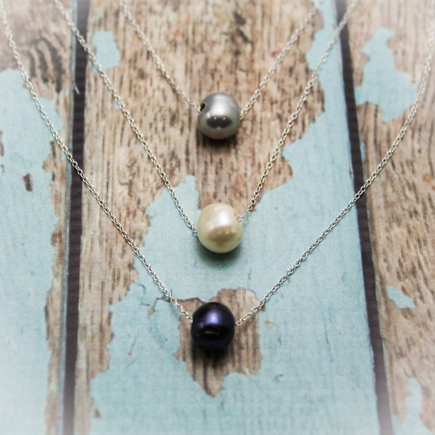 Floating Pearl Necklace Sterling Silver Pearl Necklace | Etsy