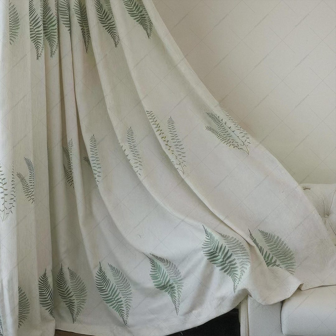 Embroidered Fern Leaf Curtain, Botanical Pattern Window Drape, Custom ...