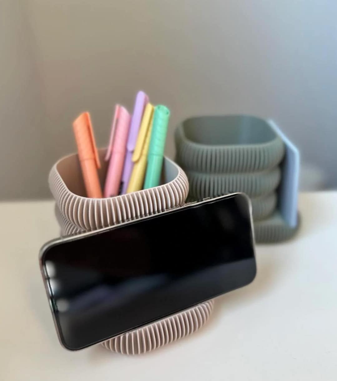 2-in-1 Phone Stand & Pen Holder – Modern Ribbed Organizer - Etsy