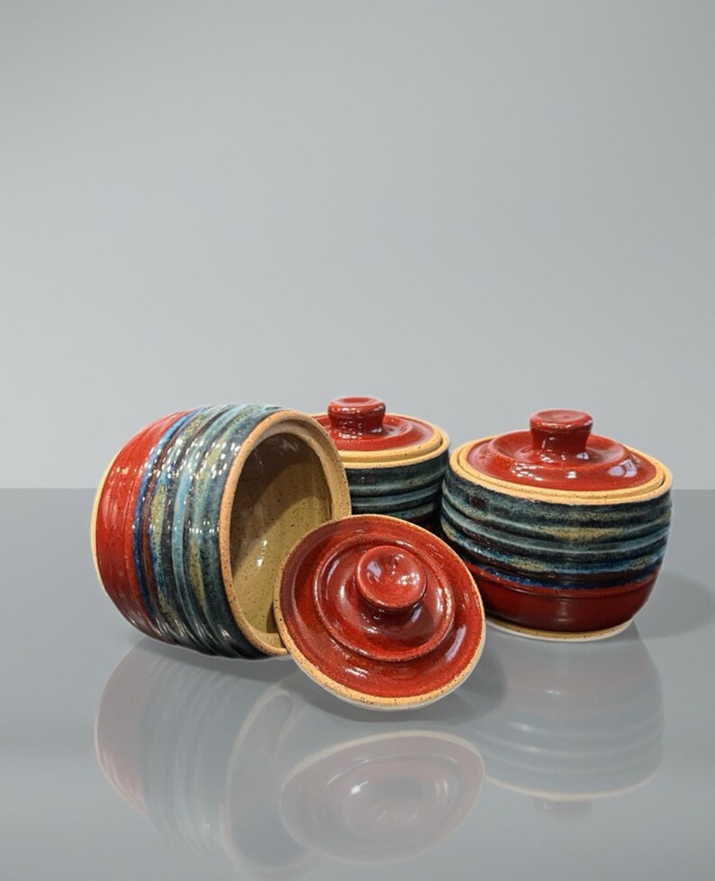 Hand Thrown Ceramic Salt Cellar Crock Fire Red & Galaxy Blue Fusion - Etsy