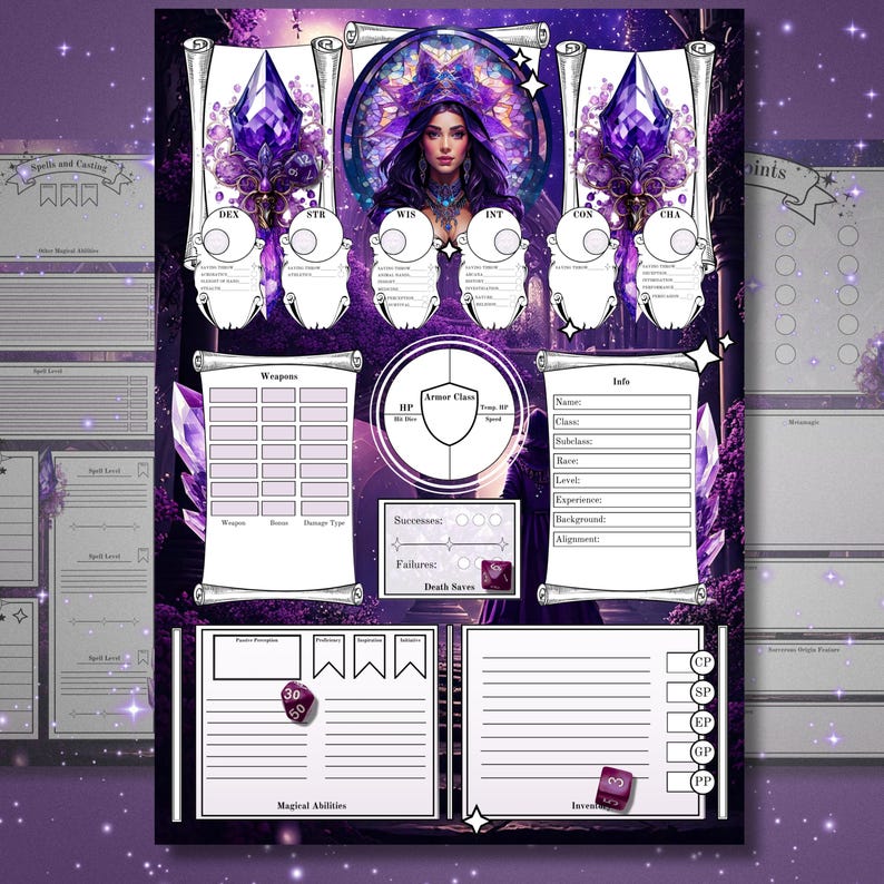 Purple Magic Sorcerer Character Sheet Bundle Dnd 5E Printable Fantasy ...