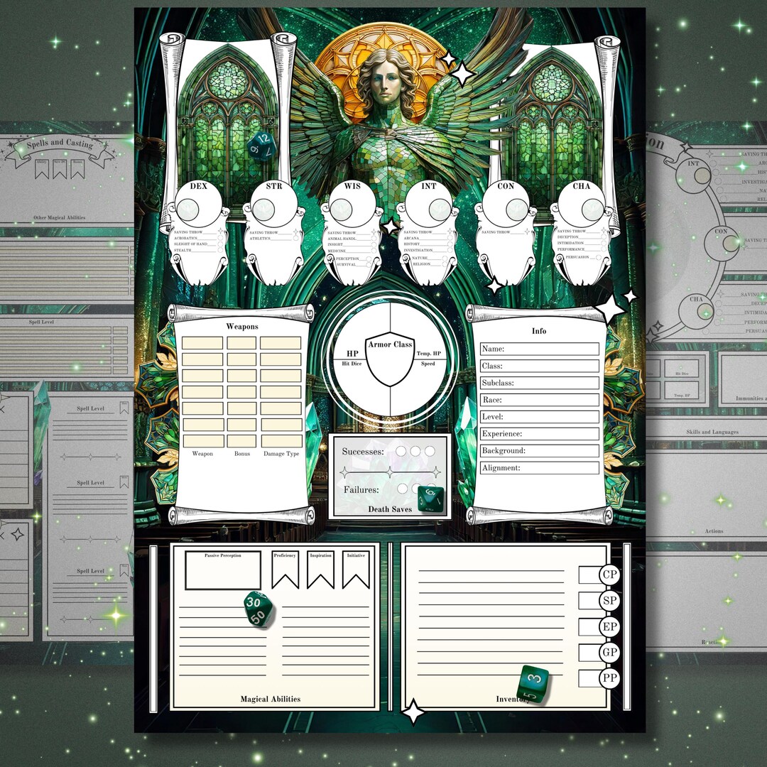 Elegant Cleric Character Sheet Bundle in Green & Gold Dnd 5E Printable ...