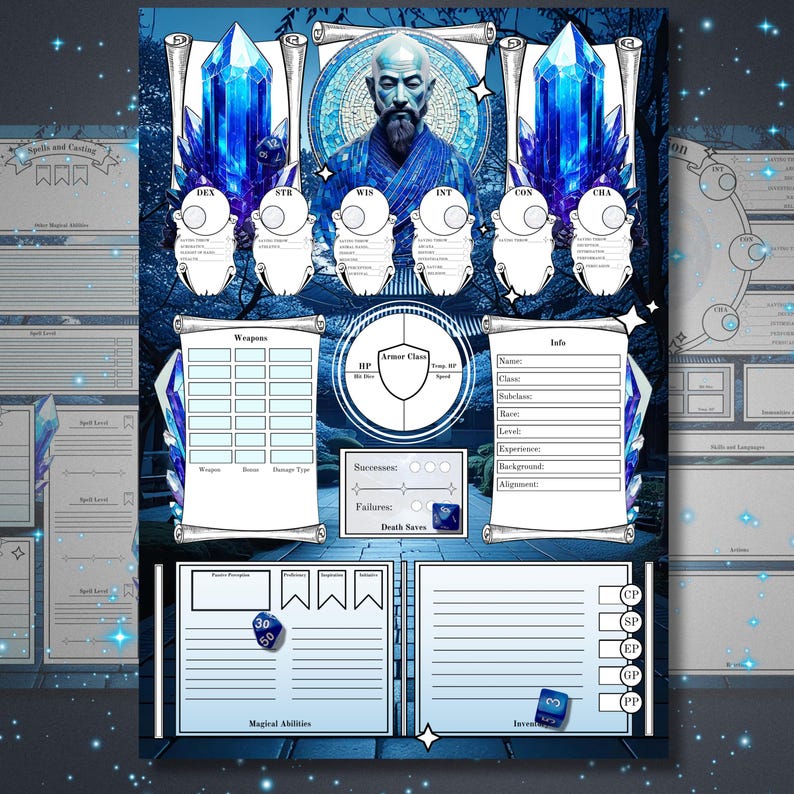Mystical Blue Monk Character Sheet Set Dnd 5E PDF Fantasy Printable for ...