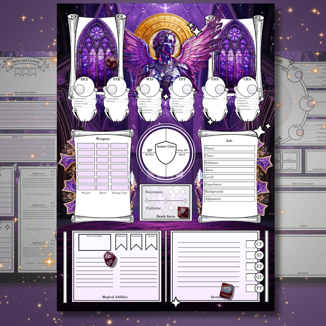 Dnd 5E Cleric Character Sheets in Purple & Gold Printable Digital ...