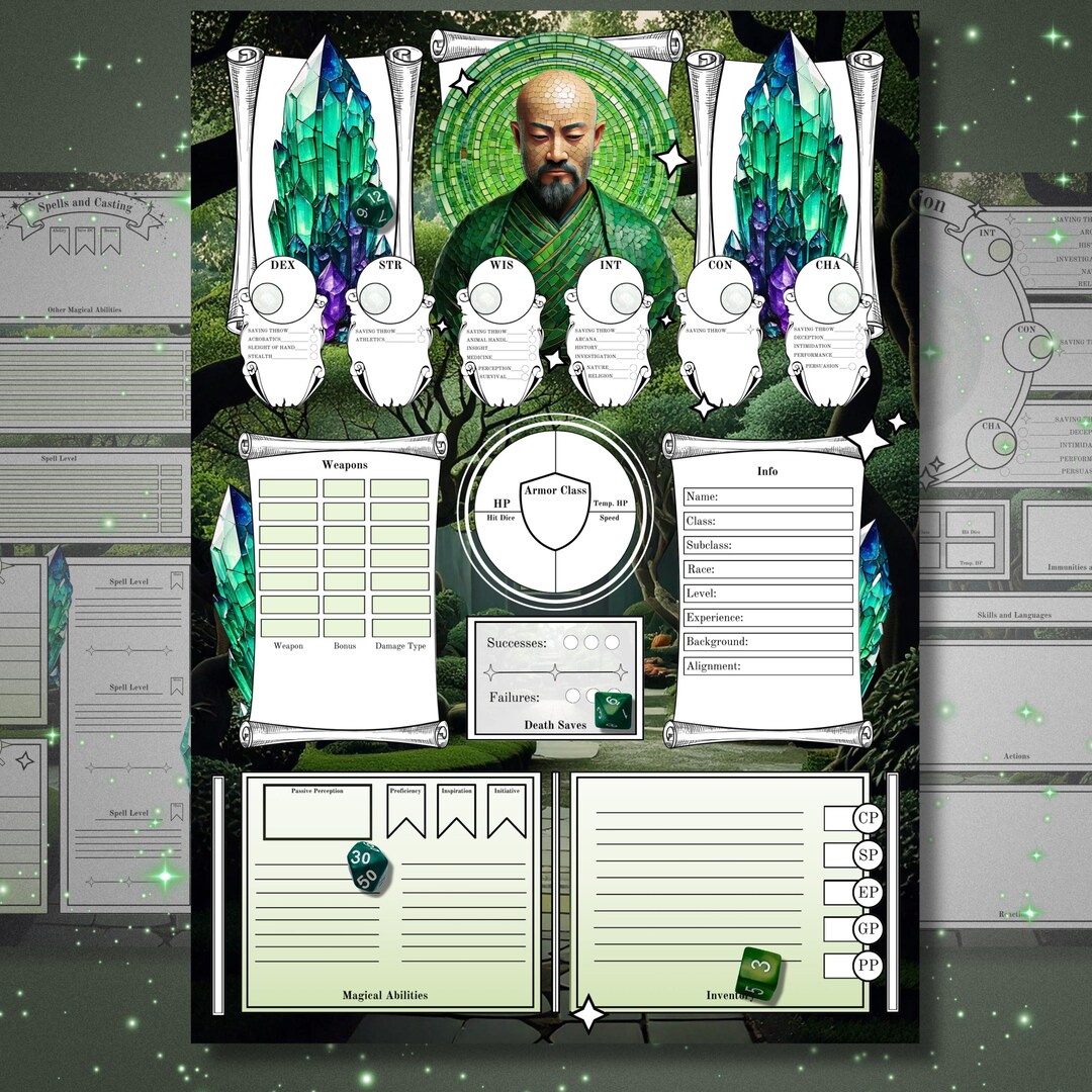 Green Monk Character Sheet | Printable Dnd 5E Monk Bundle | Nature ...