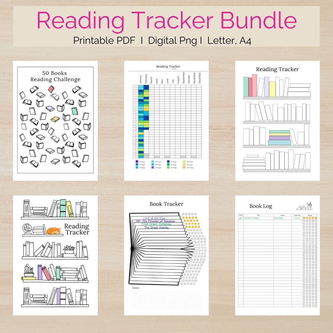 Book Tracker Bundle – 6 Printable Reading Logs & Challenges, Bookshelf ...