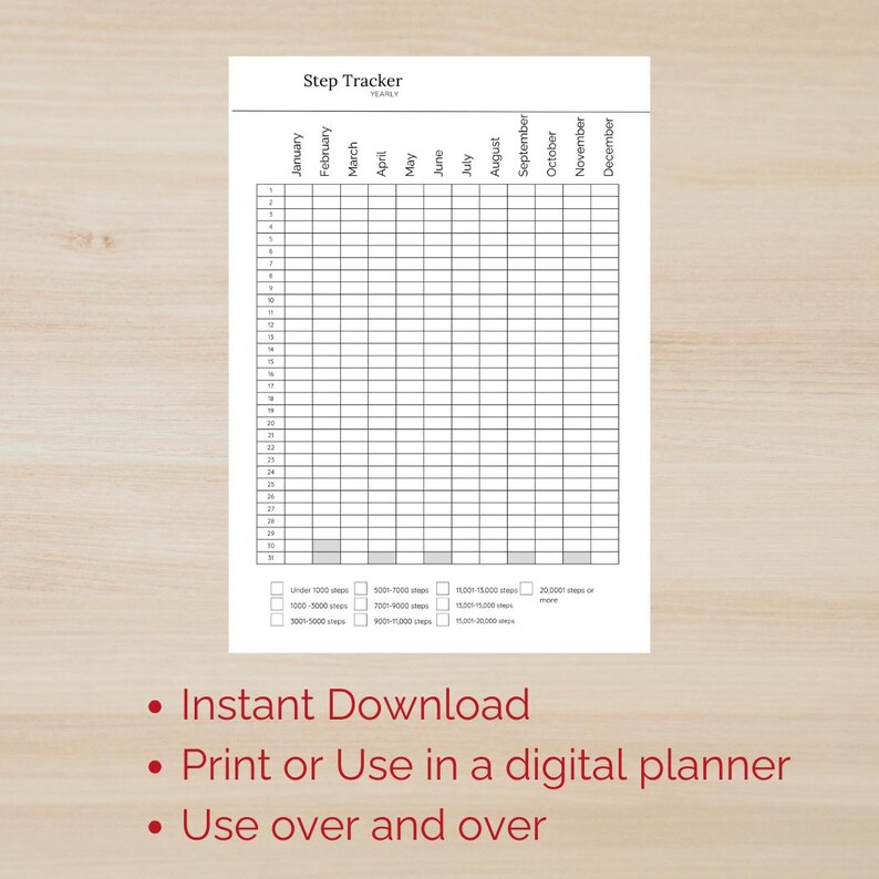 Yearly Step Tracker PDF Png | Step Counter Log | Bullet Journal Page ...