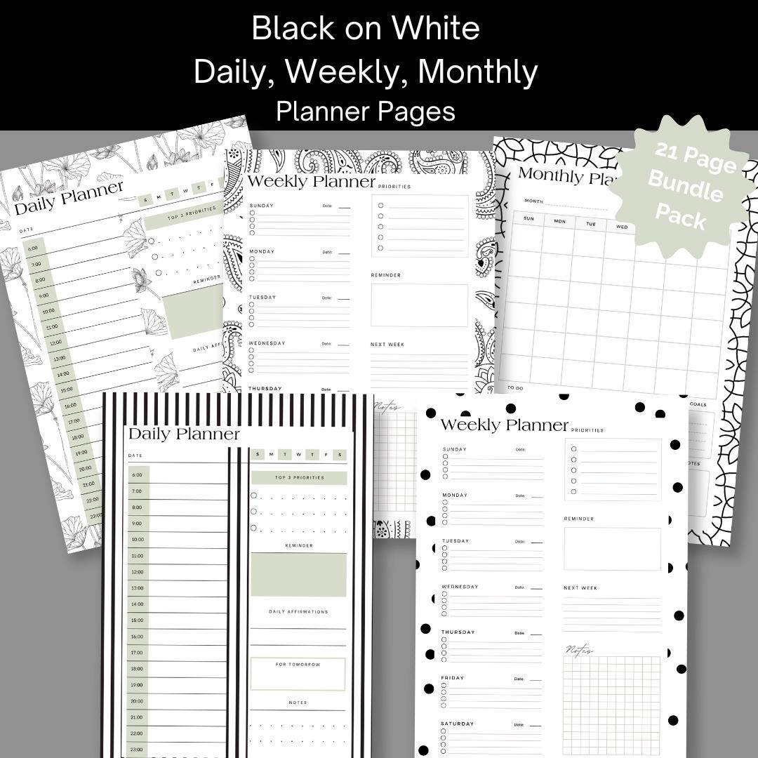 Black and White Planner PDF Aesthetic Printable Planner Pages for Daily ...