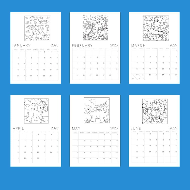 2025 Dinosaur Coloring Calendar Printable Kids Wall Calendar Fun ...