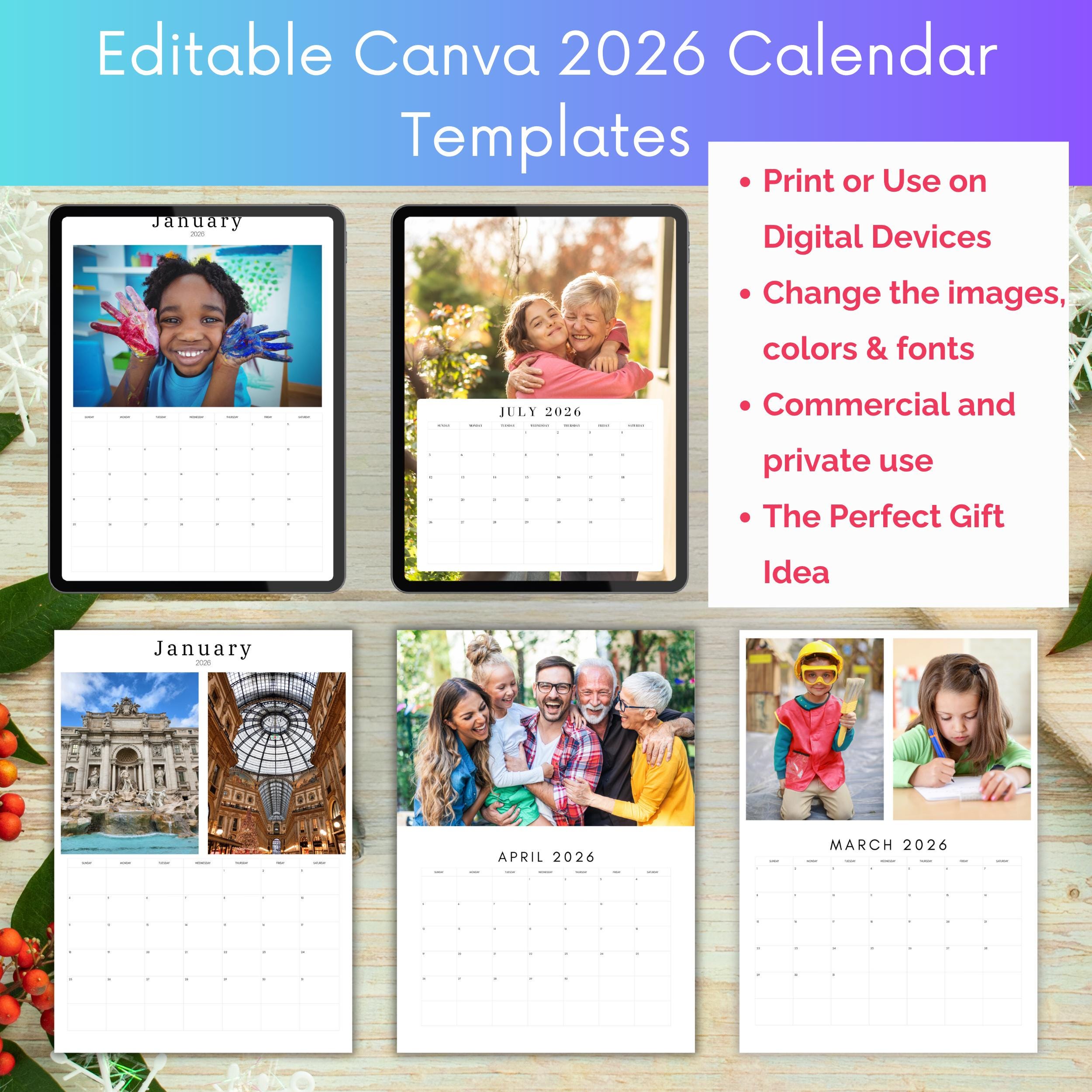 2026 Editable Calendar Bundle | Canva Templates for Yearly Monthly ...