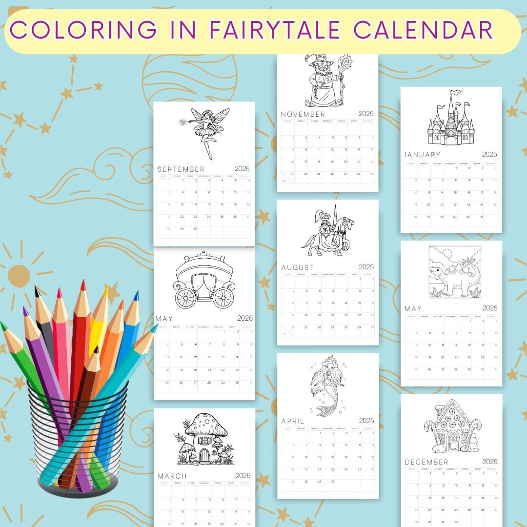 2025 Kids Coloring Calendar – Printable Fairytale-themed Wall Calendar ...