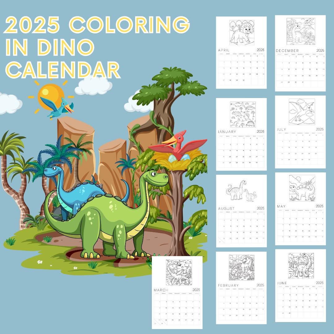 Calendario imprimible para colorear de dinosaurios 2025 / Planificador ...