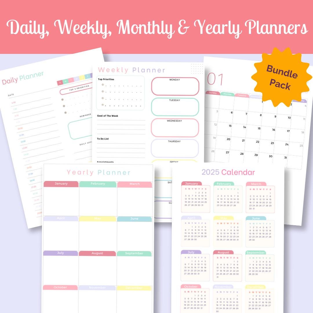Pastel Printable Planner 2025 Daily, Weekly, Monthly, Yearly ...
