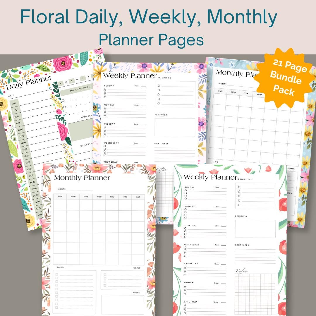 Floral Planner Printable Bundle Daily, Weekly, Monthly Planner Pages ...