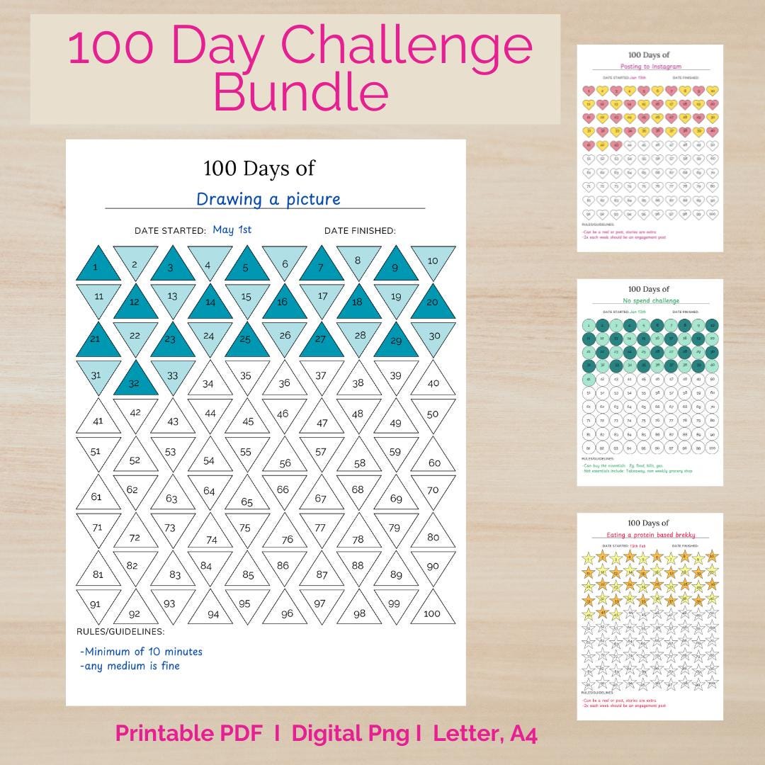 100 Day Challenge Tracker Bundle I Printable Stars, Hearts, Circles ...
