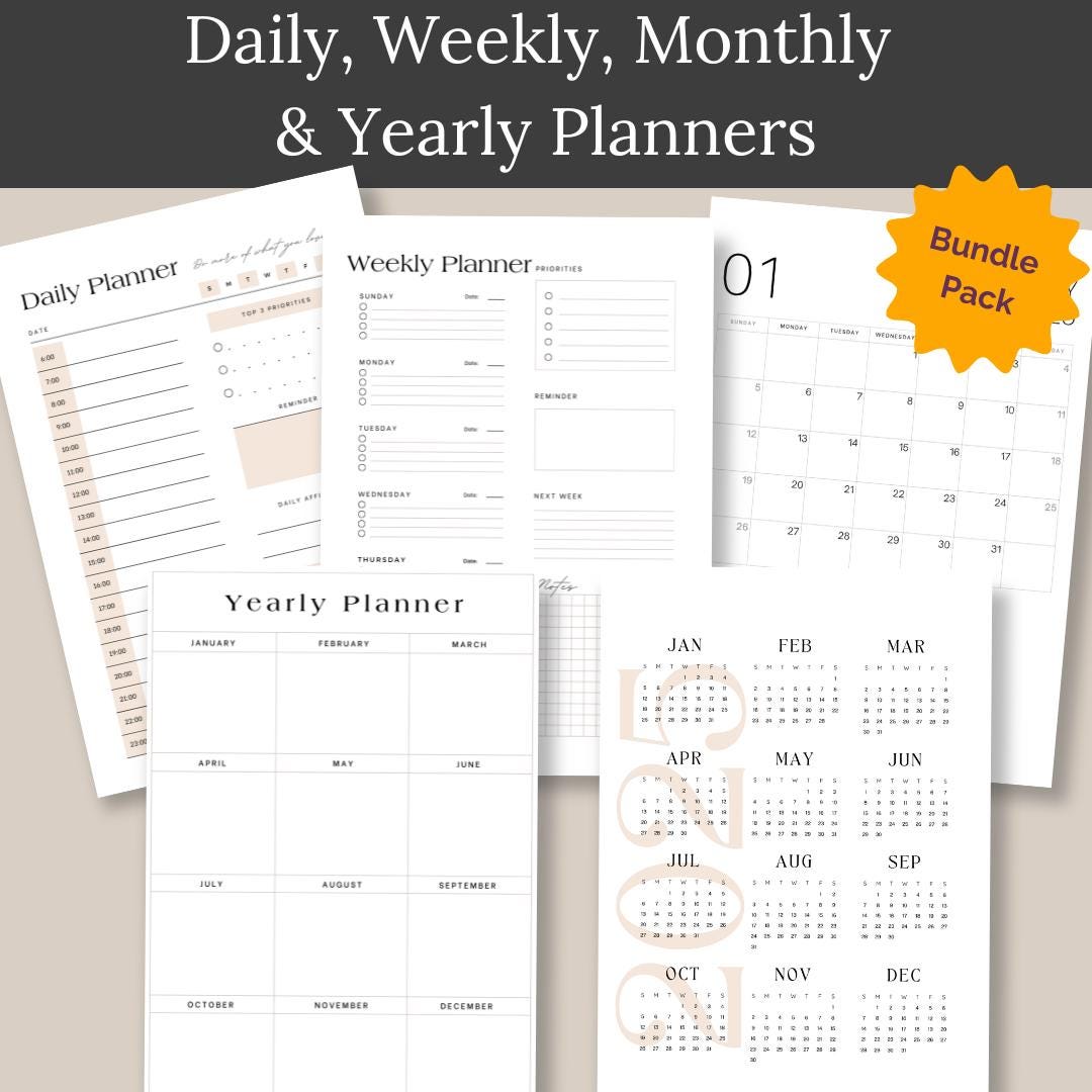 Classic Stylish Printable Planner Bundle Daily Weekly Monthly Yearly ...