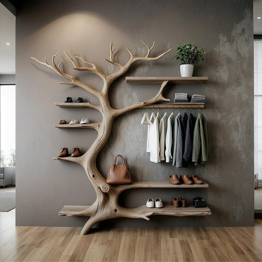 Wall Mounted Coat Rack Driftwood Tree Branch Coat Rack With Shelf Shoe ...