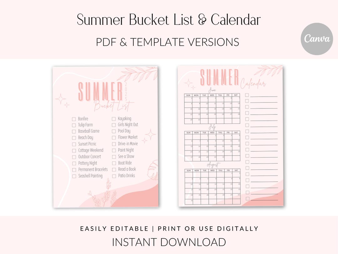 Summer Bucket List + Calendar 2025 Printable & Canva Template Pink ...