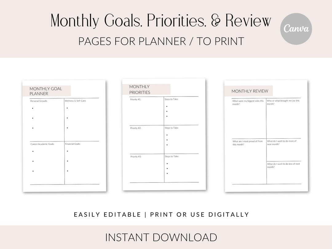 Monthly Goals, Priorities & Review Pages | Plan, Focus and Reflect for ...
