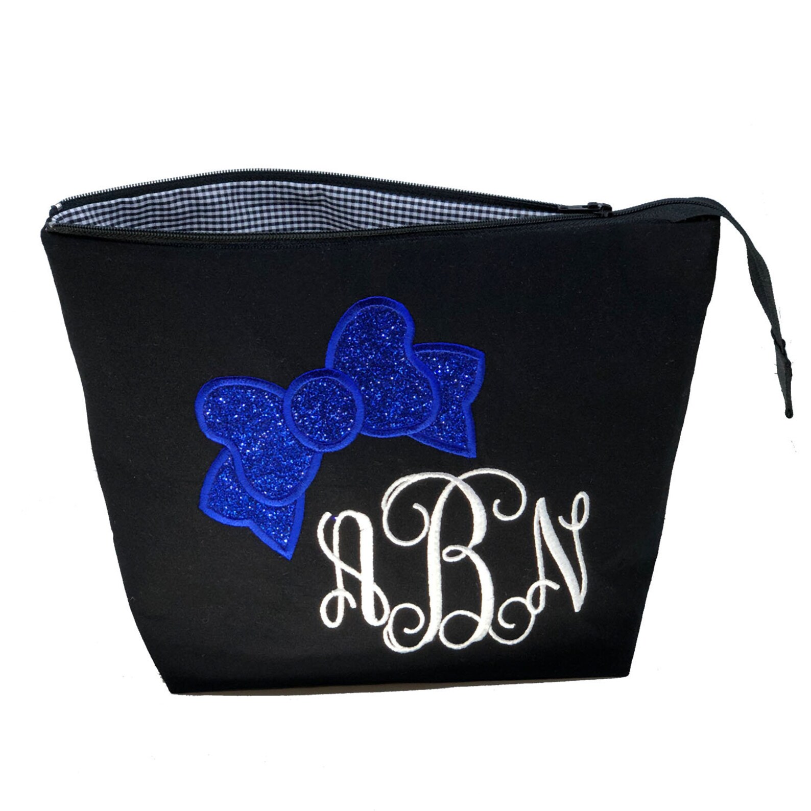 Large Zippered Monogrammed Cheer Bow Makeup Bag, Black and Royal Blue ...
