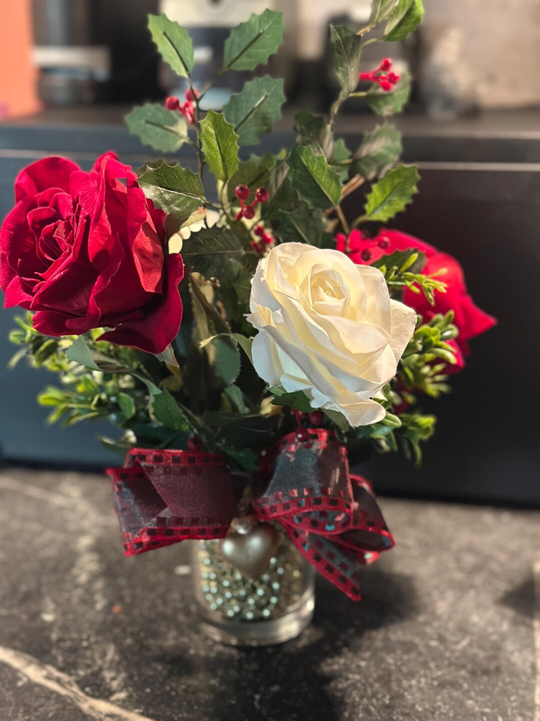 Beautiful Christmas Permanent Silk Floral Arrangement. White and Red ...