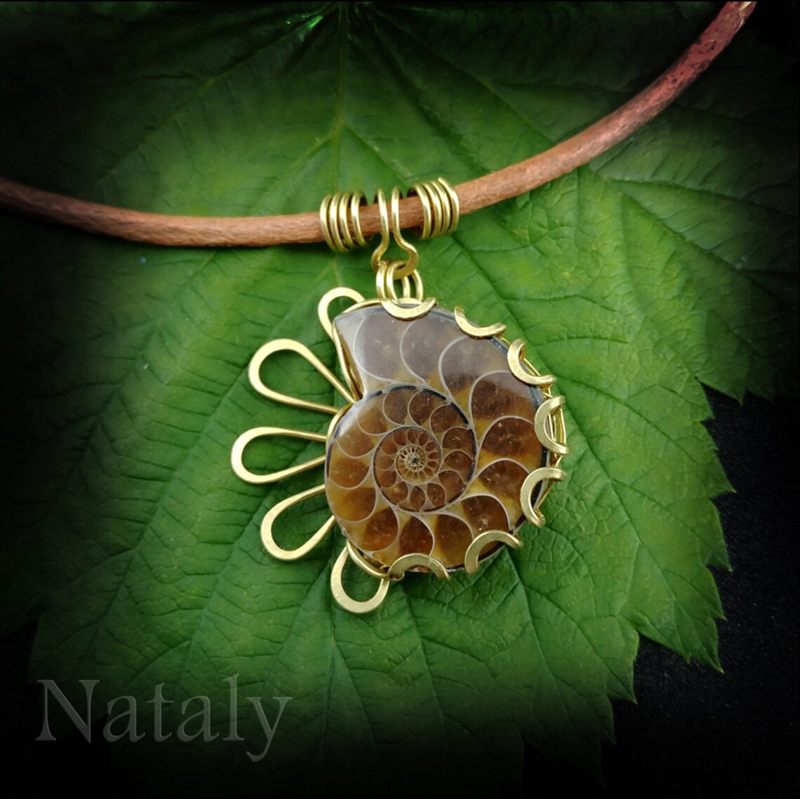 Wire Wrapped Pendant, Fossil Necklace, Leather Choker Necklace ...