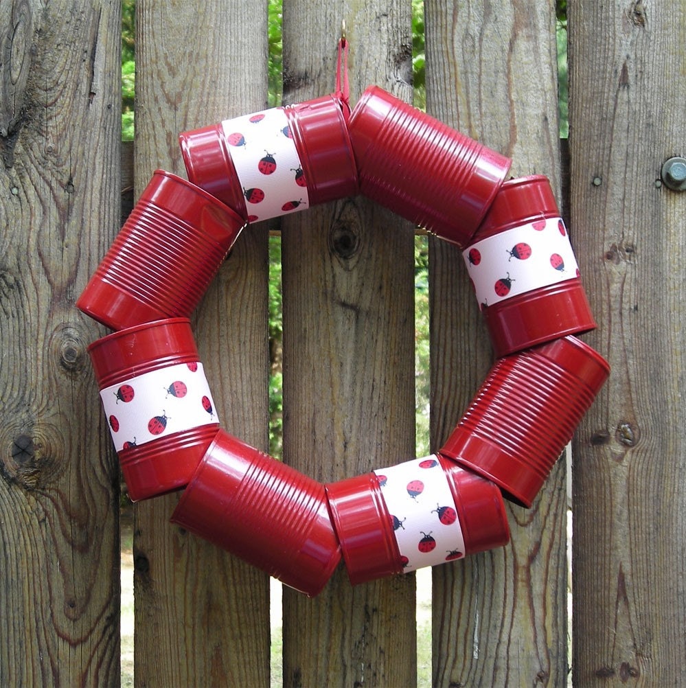 Cantastic Red Wreath Made From Recycled Cans and Pink Lady Bug Ribbon ...