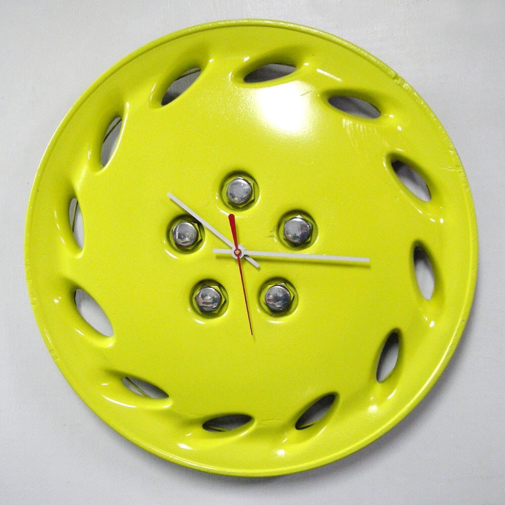 Upcycled Hubcap Clock Sunny Yellow Wall Clock | Etsy