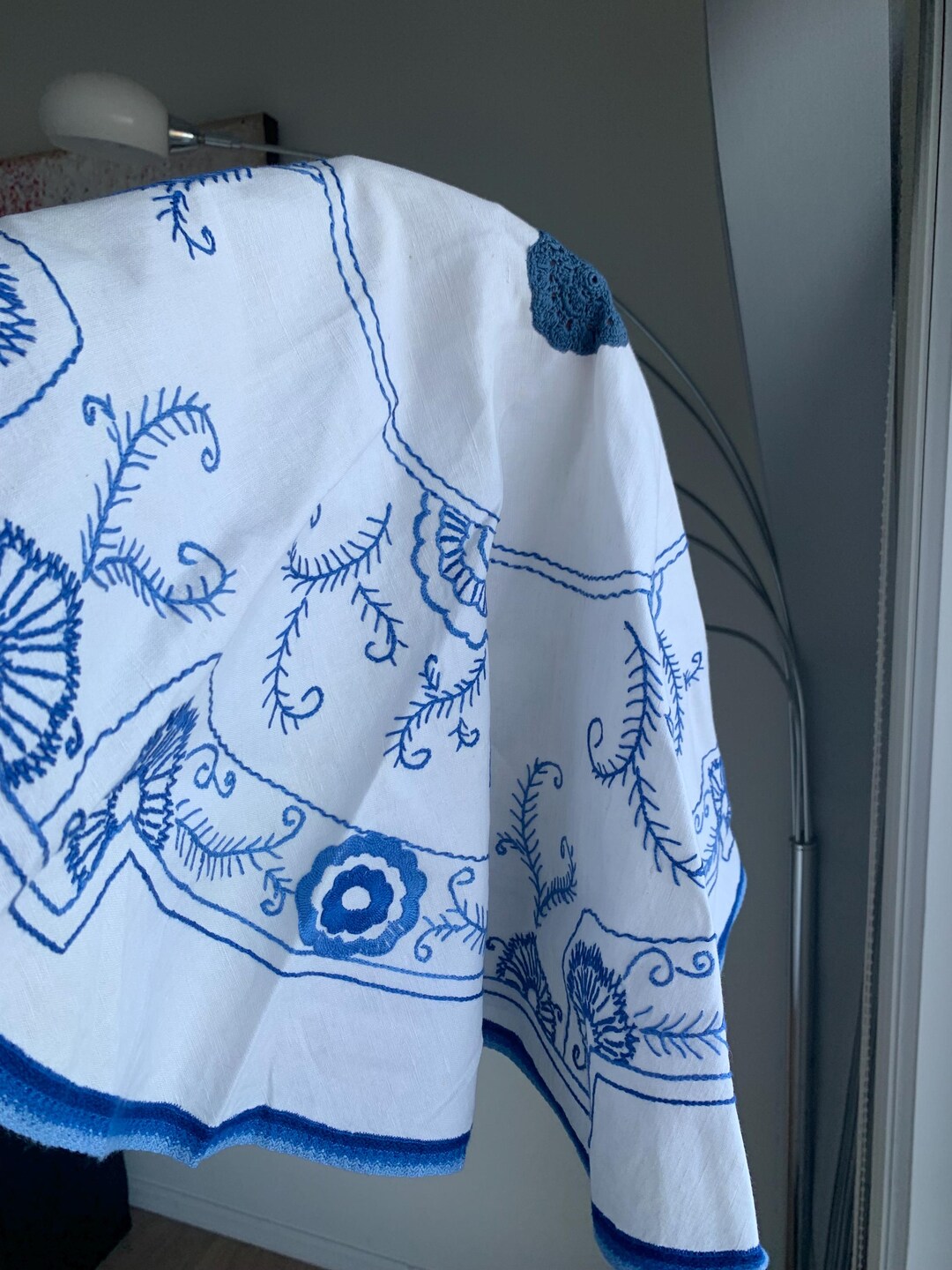 Vintage Embroidered Round Tablecloth: Blue Crochet, Cottage Decor - Etsy