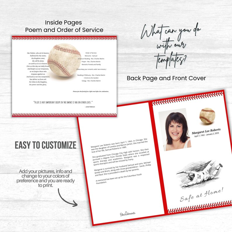 Elegant Baseball Themed Funeral Program - 4 Page Bi-fold - Custom Order ...