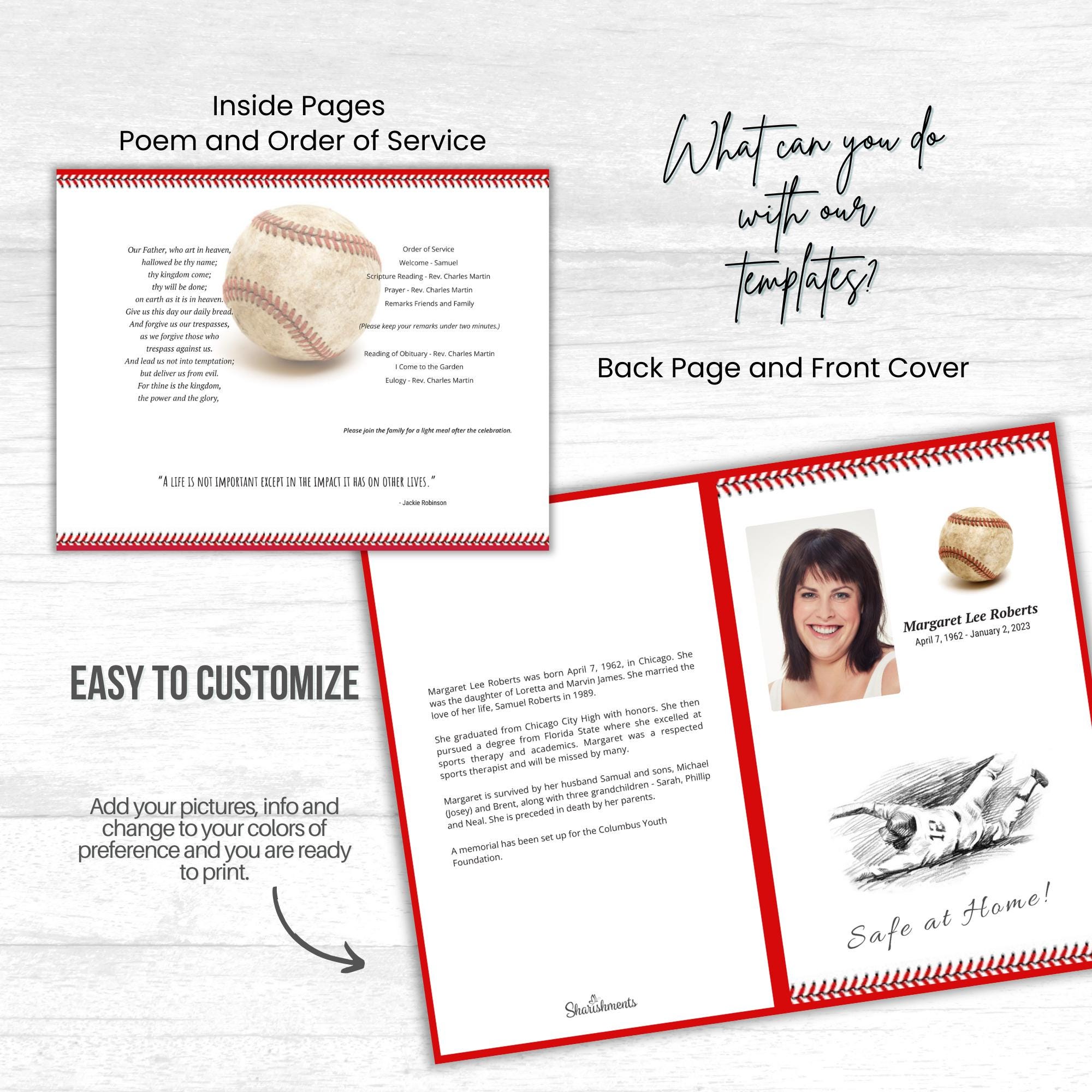 Elegant Baseball Themed Funeral Program - 4 Page Bi-fold - Custom Order ...