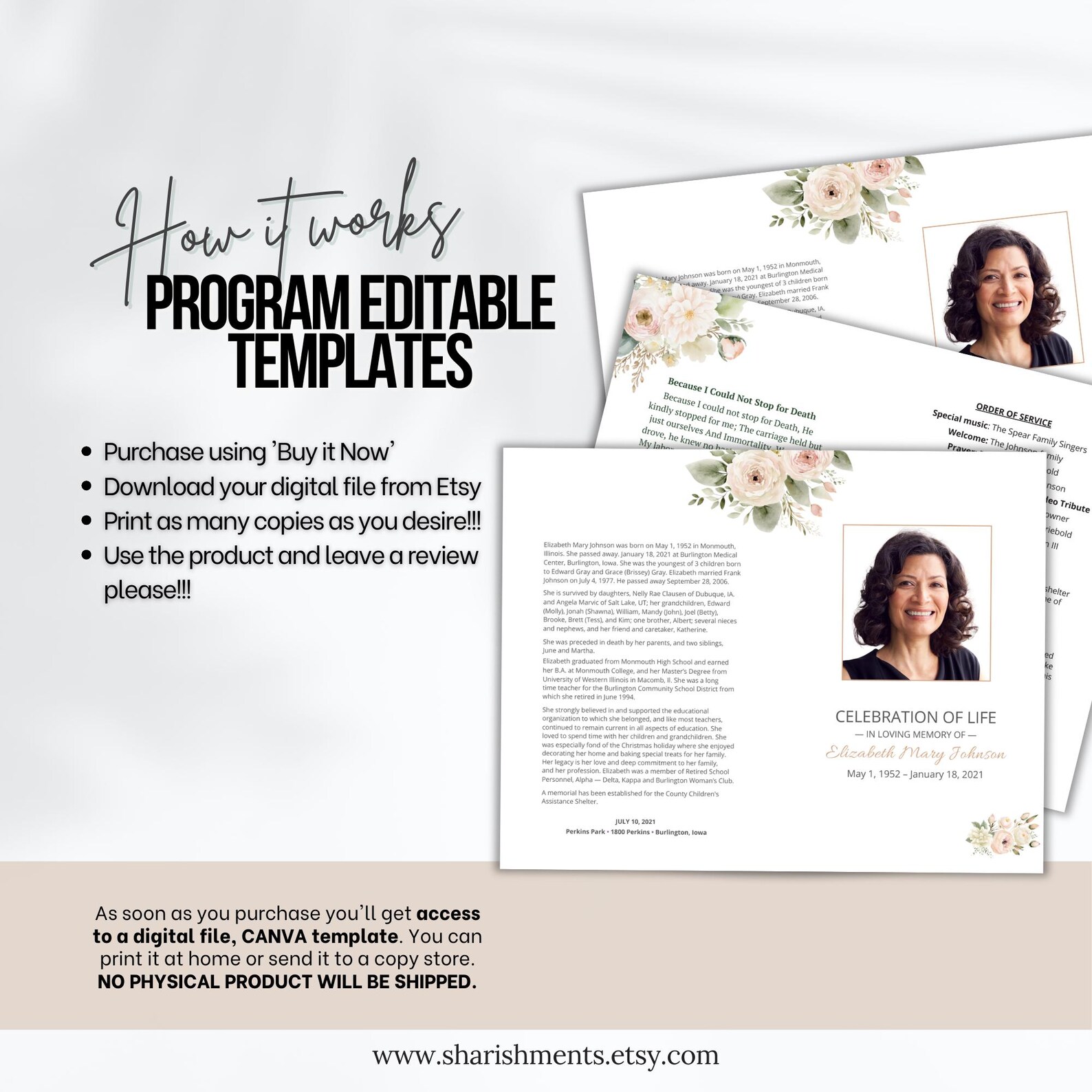Blush Peonies Memorial Program - Editable Celebration of Life Template ...