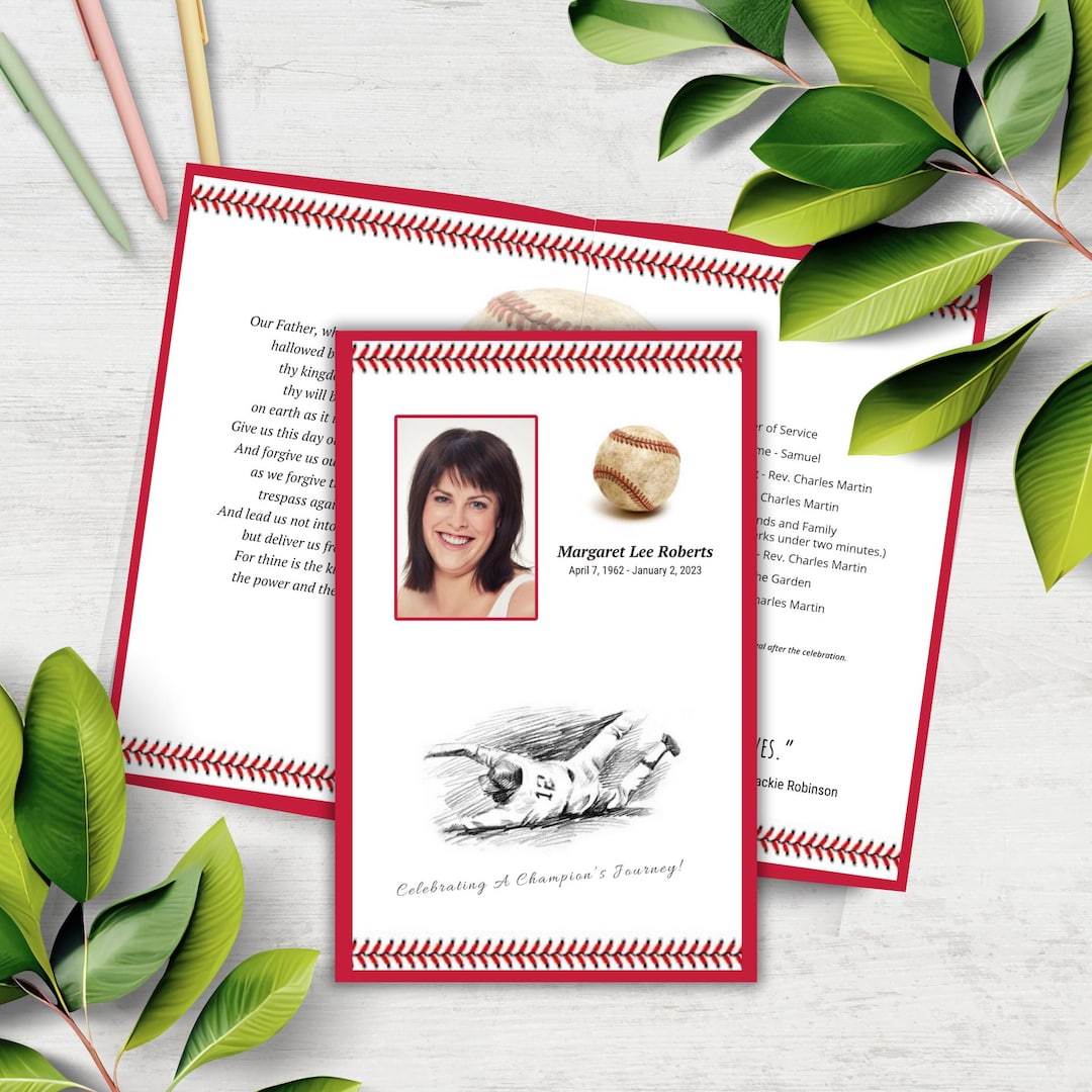 Elegant Baseball Themed Funeral Program - 4 Page Bi-fold - Custom Order ...