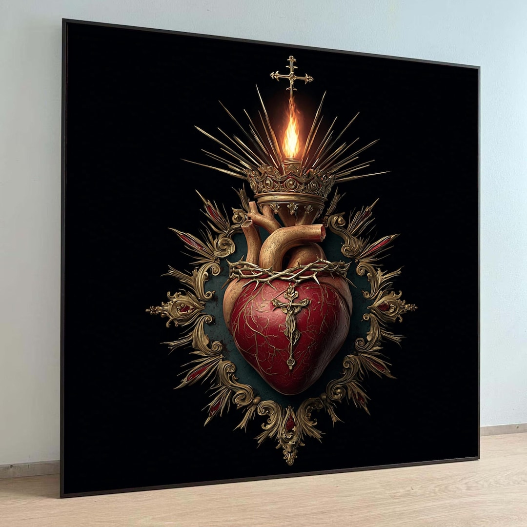 Sacred Heart Canvas Wall Art, Religious Heart Illustration, Flaming ...