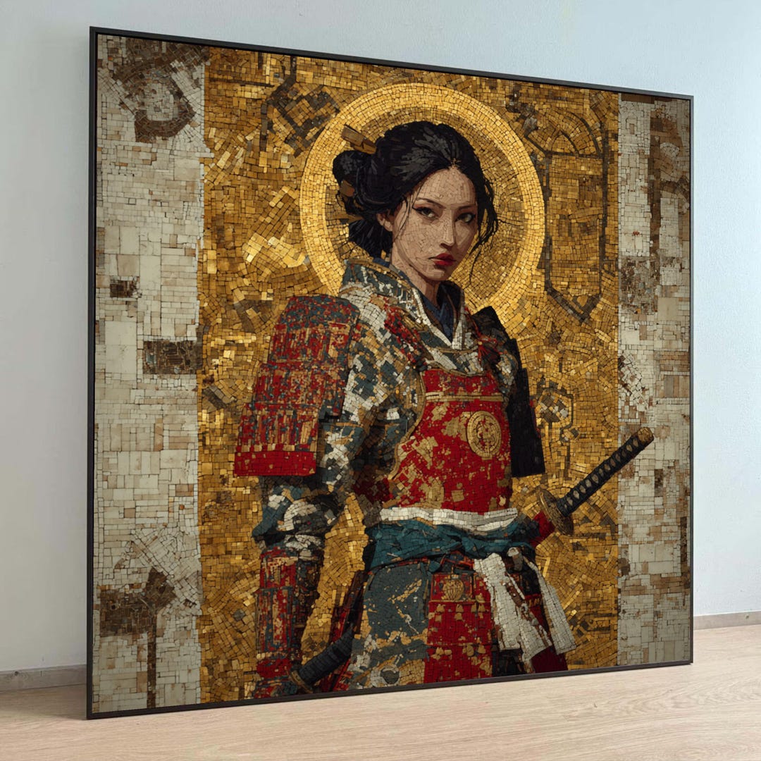 Mosaic Samurai Woman Canvas Art, Japanese Warrior Portrait, Gold Halo ...