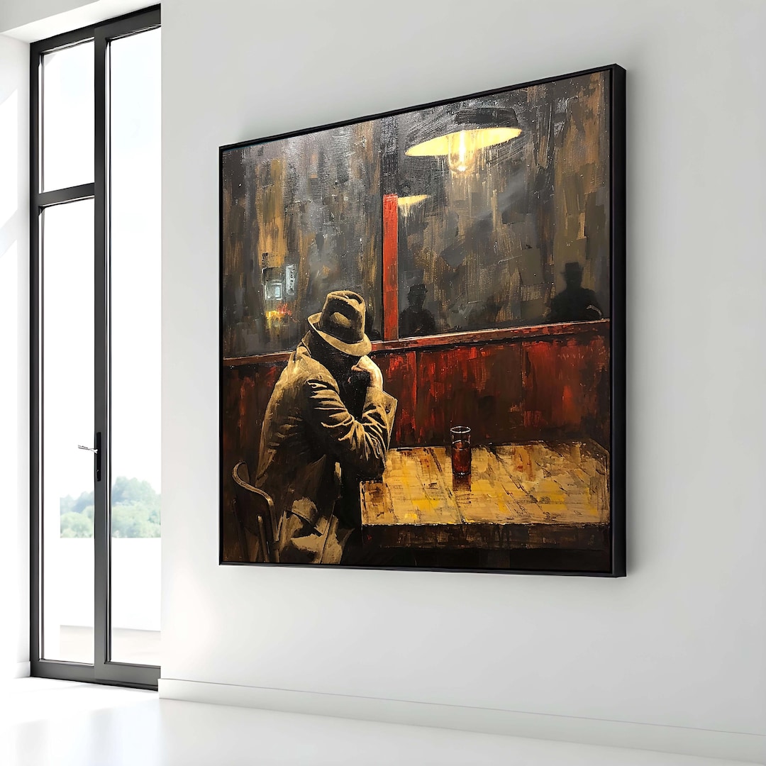 Lonely Night in Cafe Canvas, Vintage Noir Wall Art, Moody Man in Hat ...