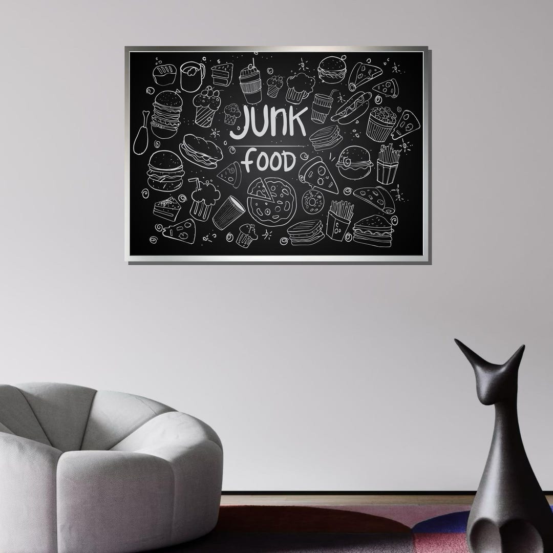 Junk Food Art, Fast Food Doodles Print, Fun Kitchen Wall Art, Black and ...