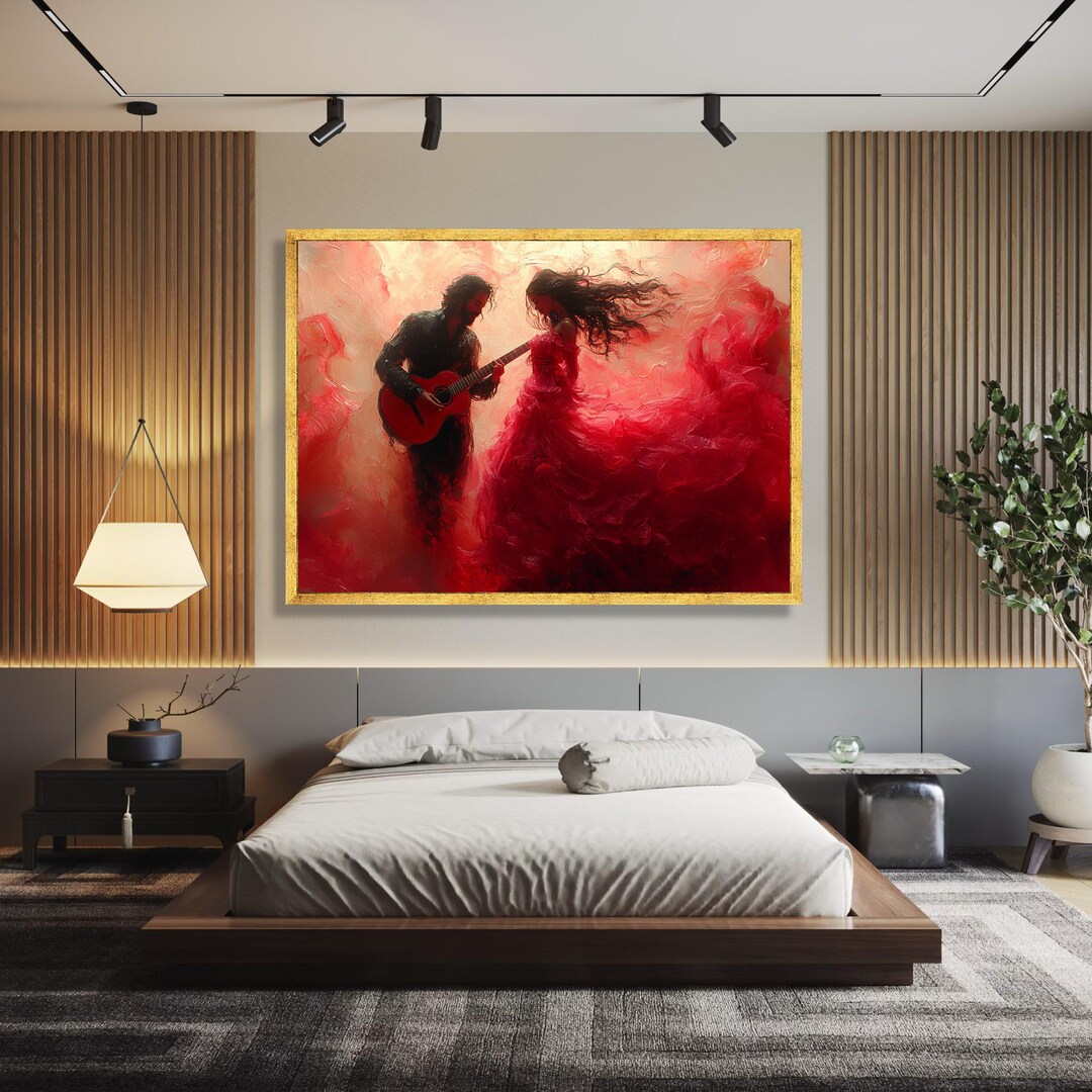 Romantic Flamenco Dance Scene, Guitar Player and Flowing Red Dress ...