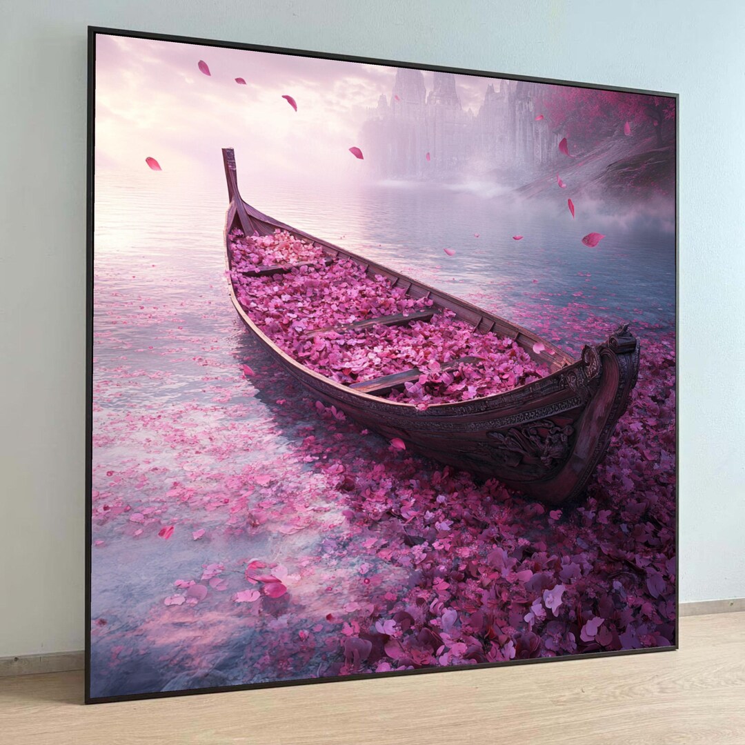 Enchanted Boat With Pink Flower Petals Canvas, Romantic Floral Water ...