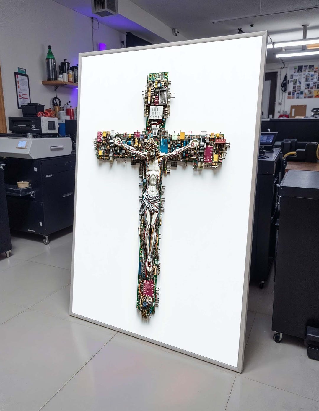 Tech Crucifix Canvas, Cyber Jesus Art, Modern Cross Artwork, Futuristic ...